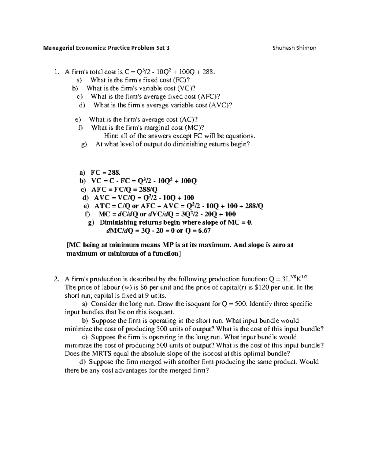 Practice Problem Set 3 Solutions - Managerial Economics: Practice ...