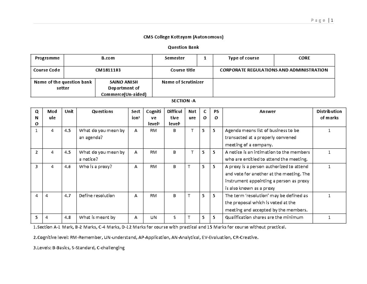 CRA 3,4,5 - It will help you to revise your cra notes - 1 A-1 Mark, B-2 ...