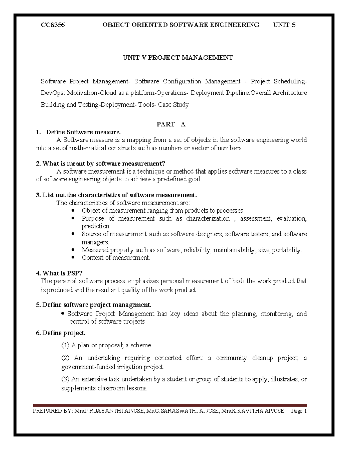 UNIT 5 - UNIT V PROJECT MANAGEMENT Software Project Management- Software Configuration ...