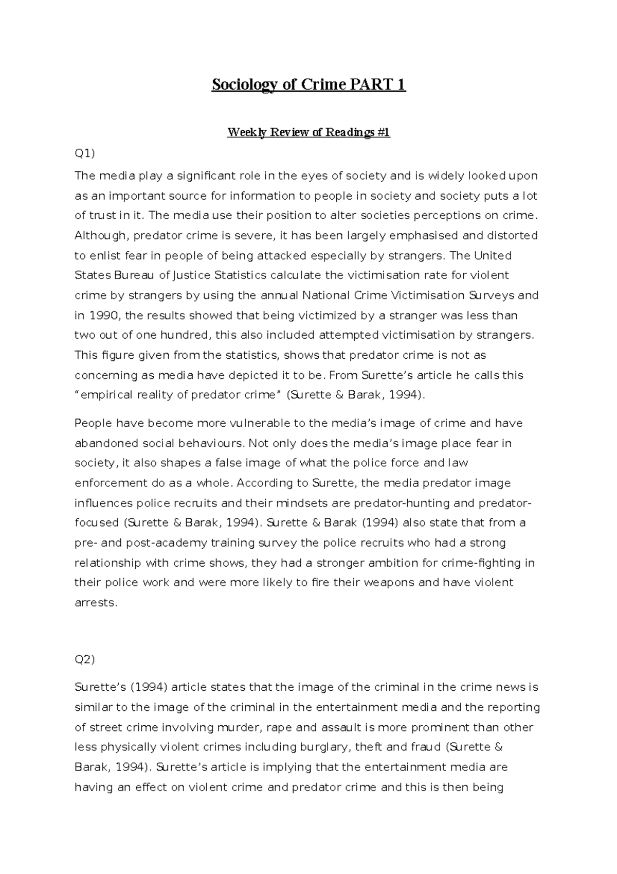 Assessment 1- PART 1 - Sociology of Crime PART 1 Weekly Review of ...