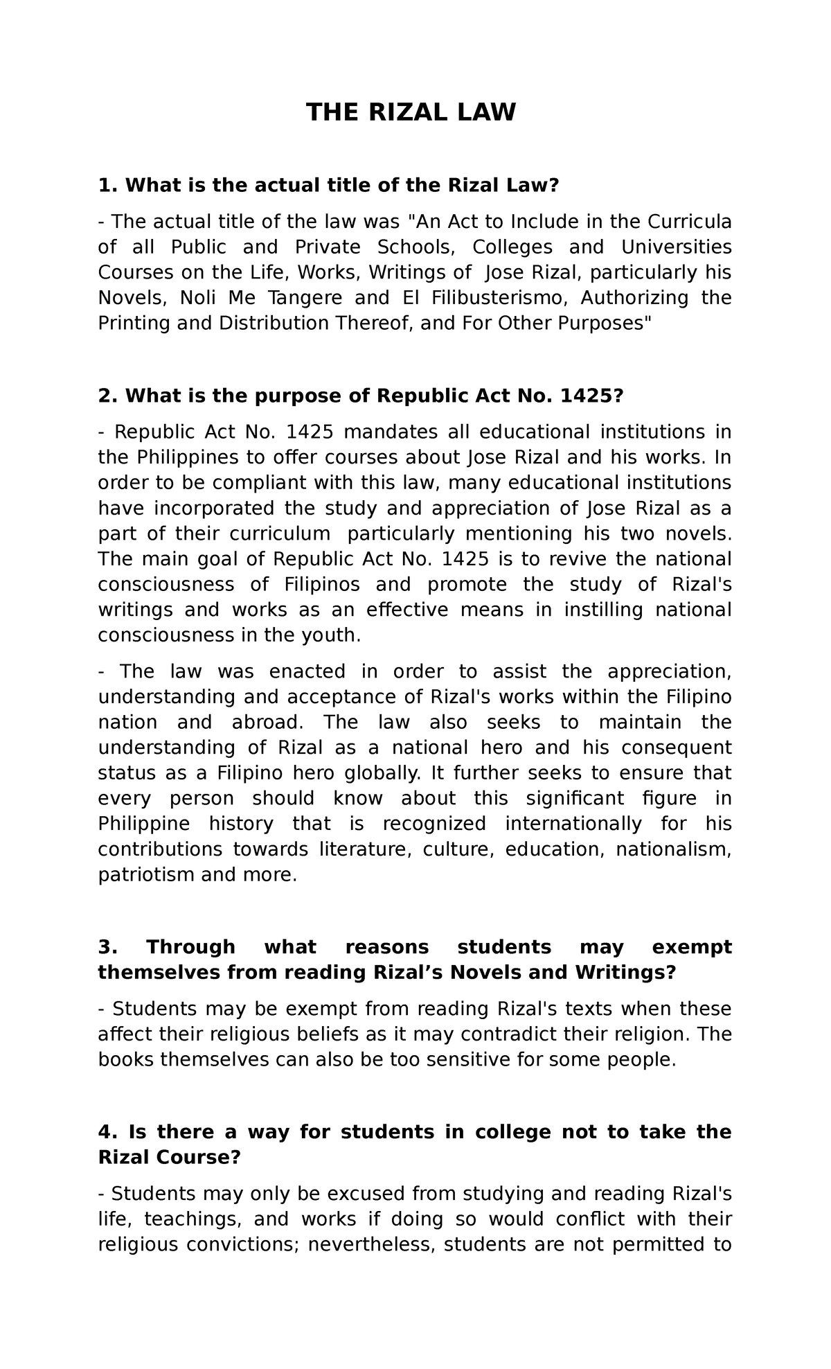 Lecture 1-20 - THE RIZAL LAW What is the actual title of the Rizal Law ...