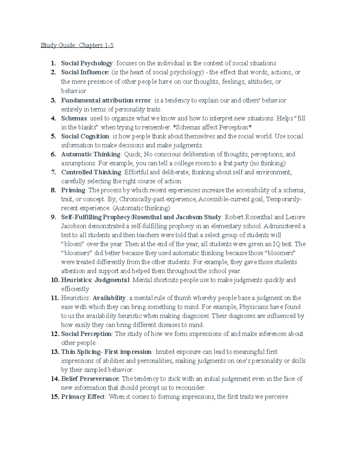 Study Guide (Social Psychology) - Study Guide: Chapters 1- 1. Social ...