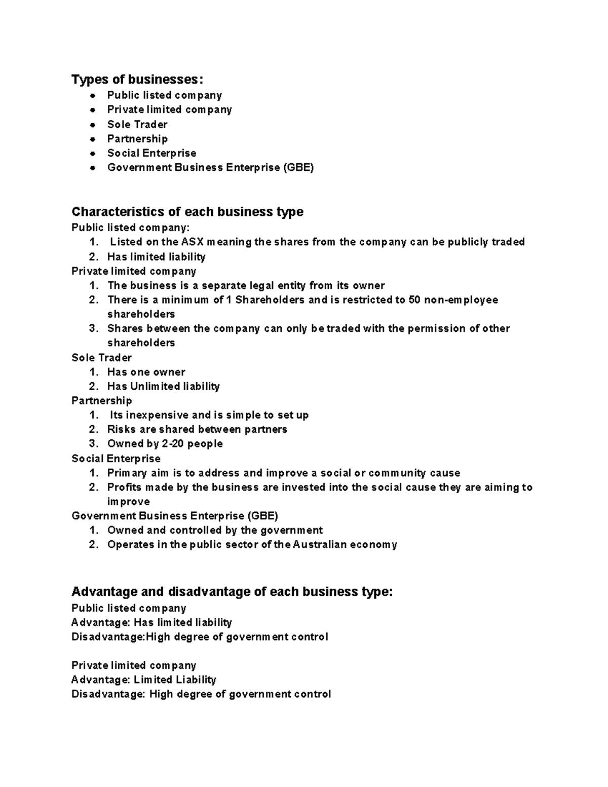 Business Management Unit 3 AOS 1 Notes - Types of businesses: Public ...