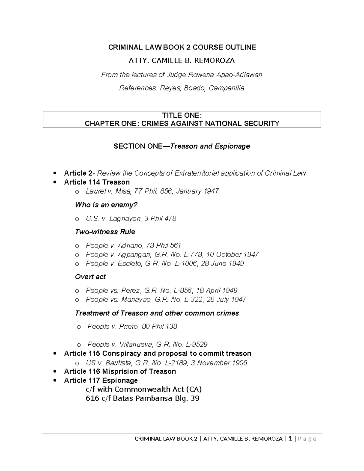 Book 2 Part 1 - law - CRIMINAL LAW BOOK 2 COURSE OUTLINE ATTY. CAMILLE ...