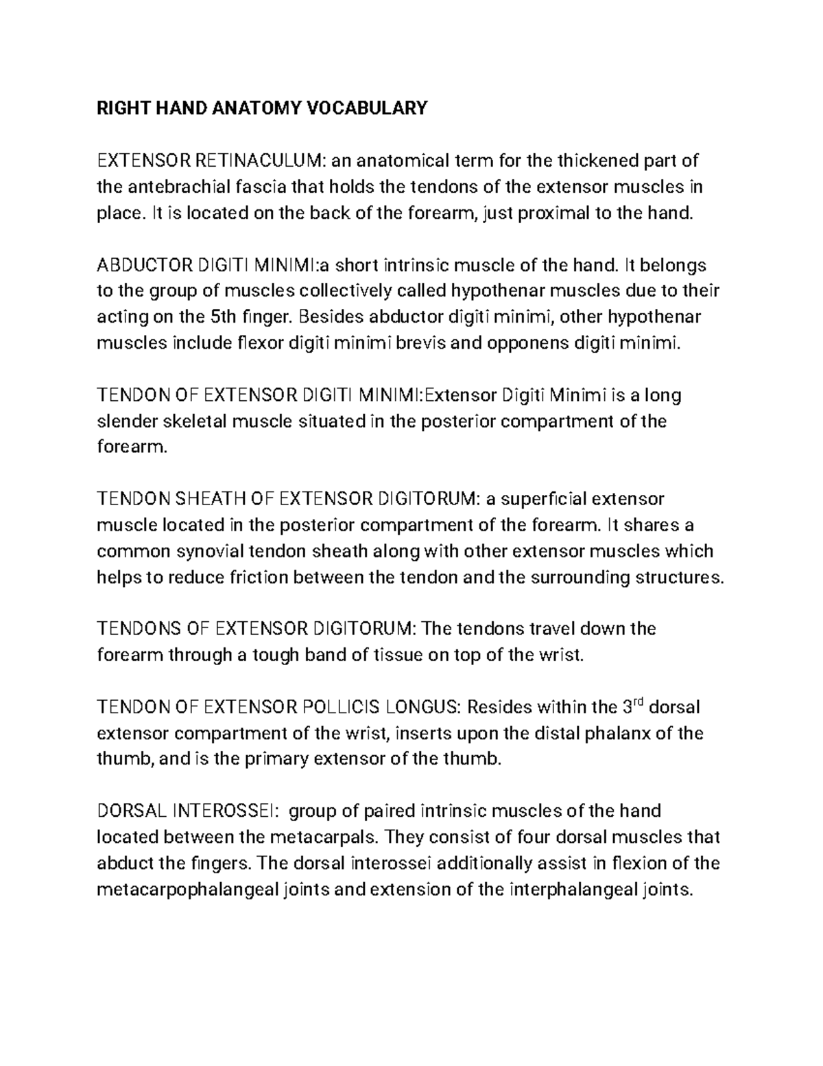 Right HAND Anatomy Vocabulary - RIGHT HAND ANATOMY VOCABULARY EXTENSOR ...