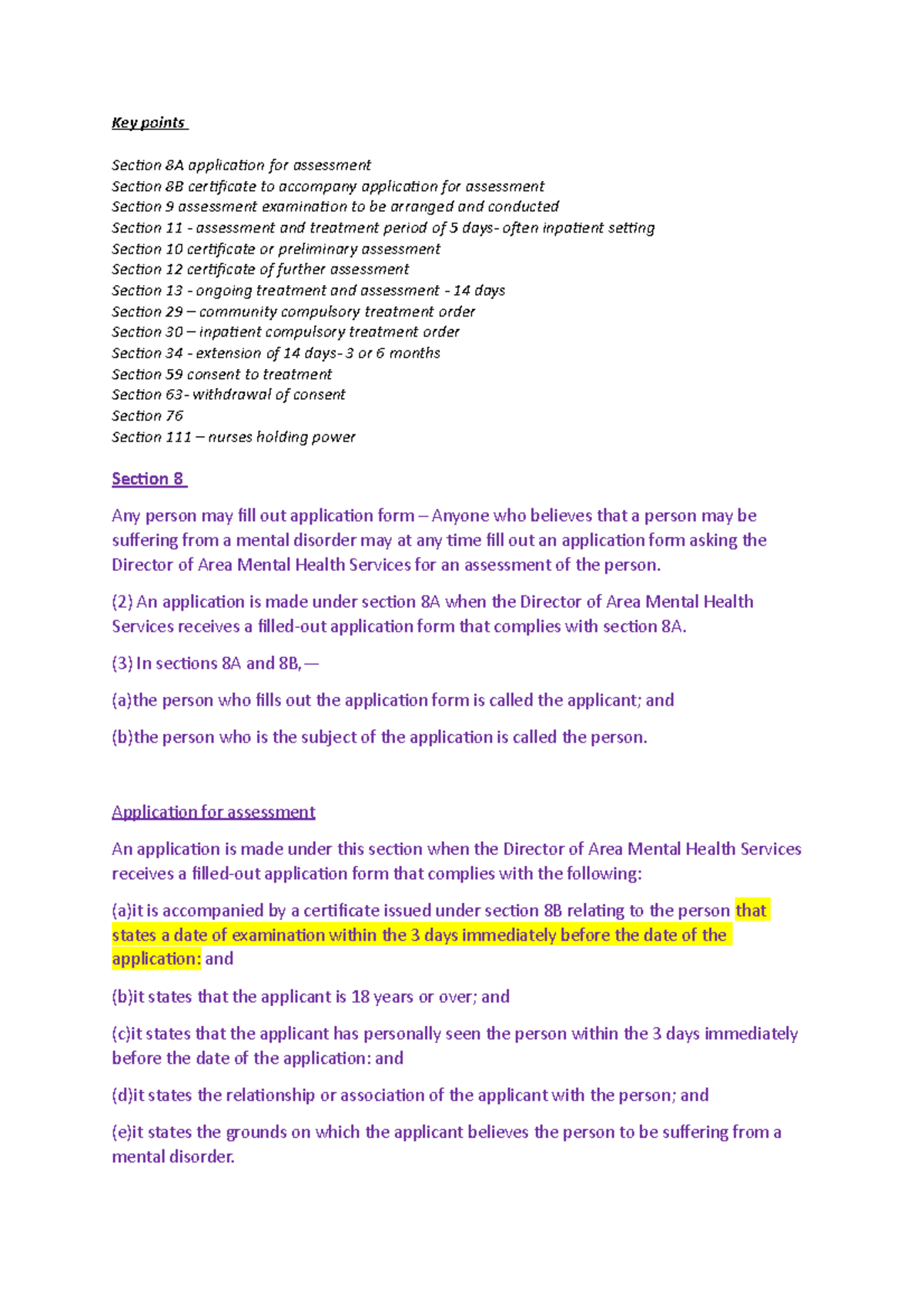 MHA - study guide - lecture notes - Key points Section 8A application ...