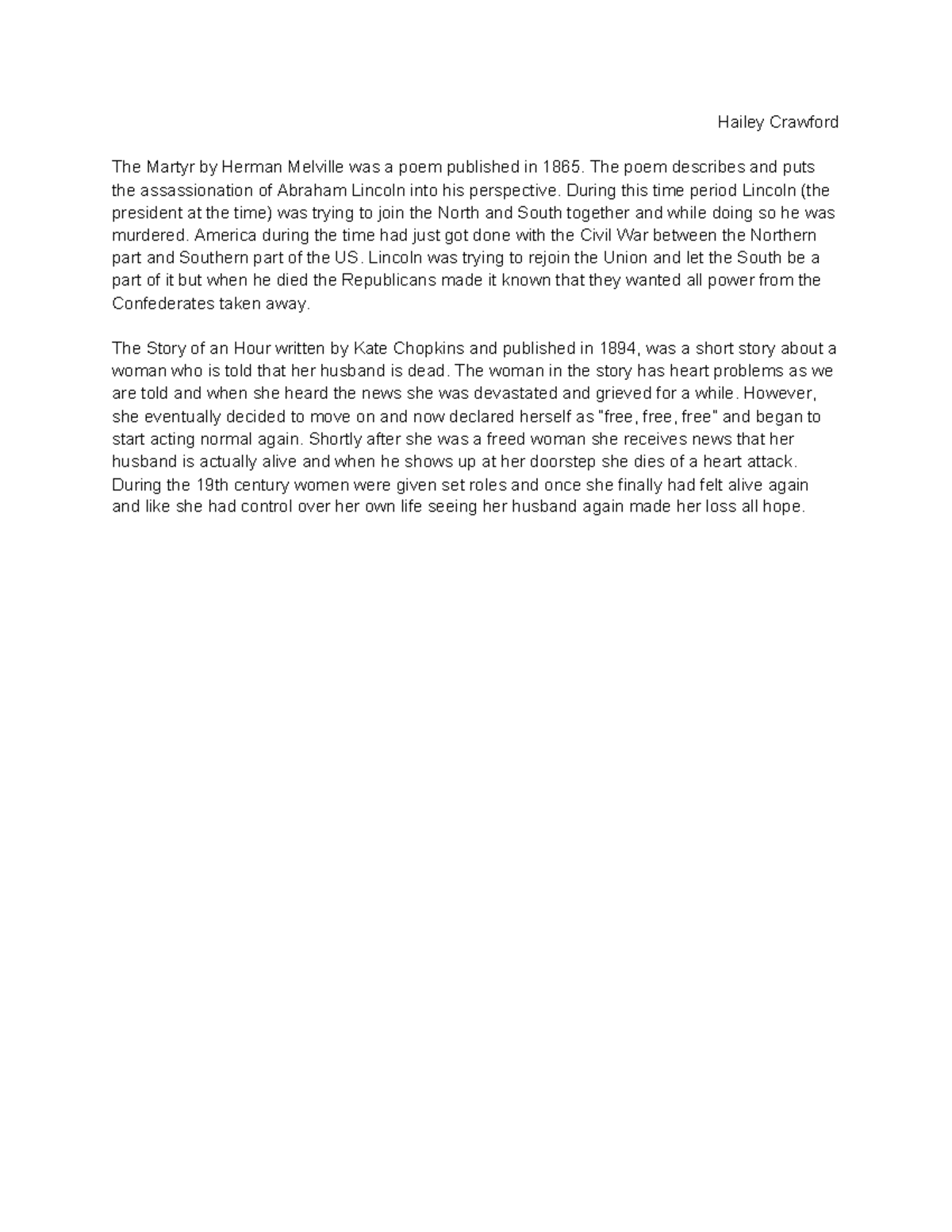 1 - Work from class - Hailey Crawford The Martyr by Herman Melville was ...