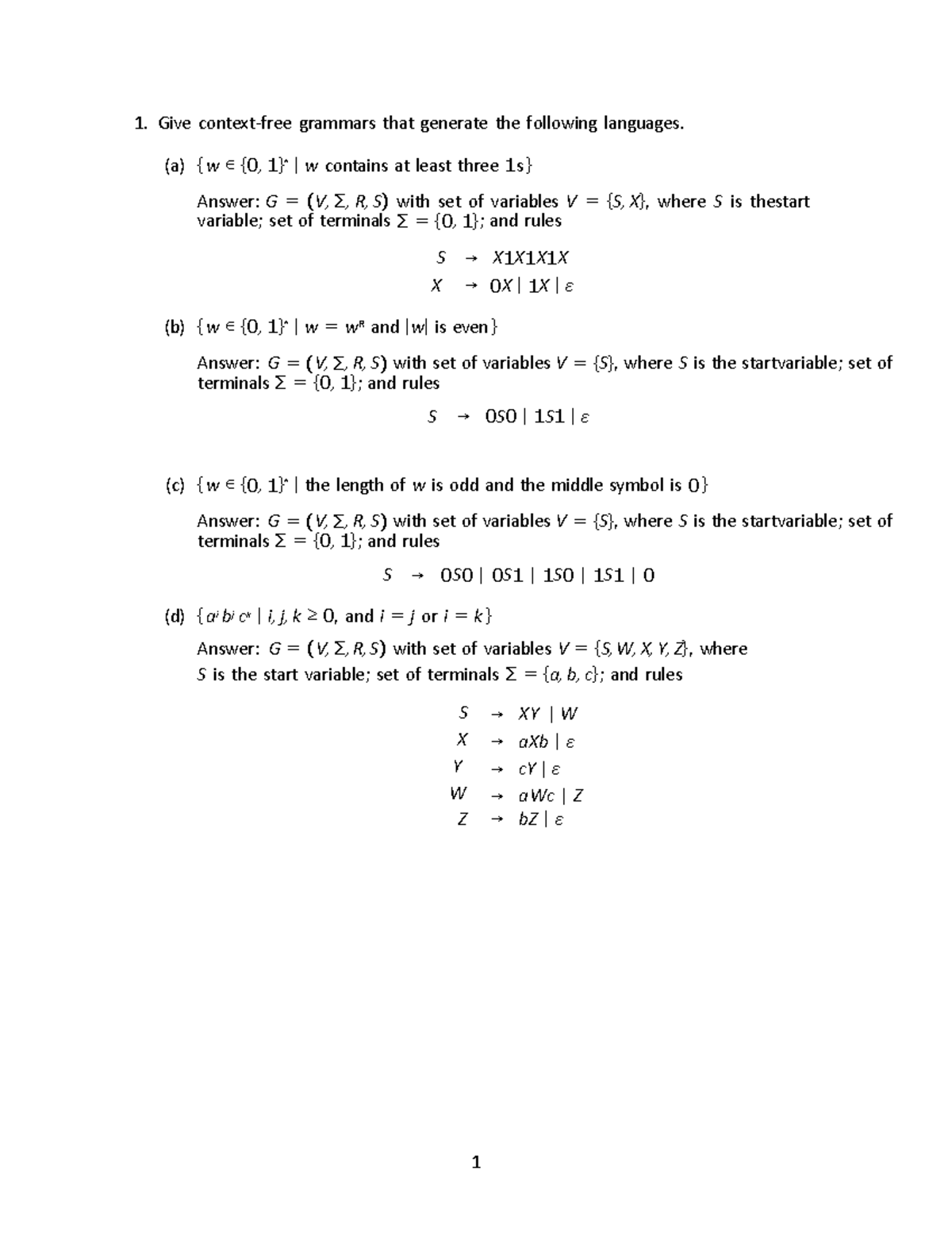 Worksheet for Unit 2 - Give context-free grammars that generate the following languages. (a) { w ...