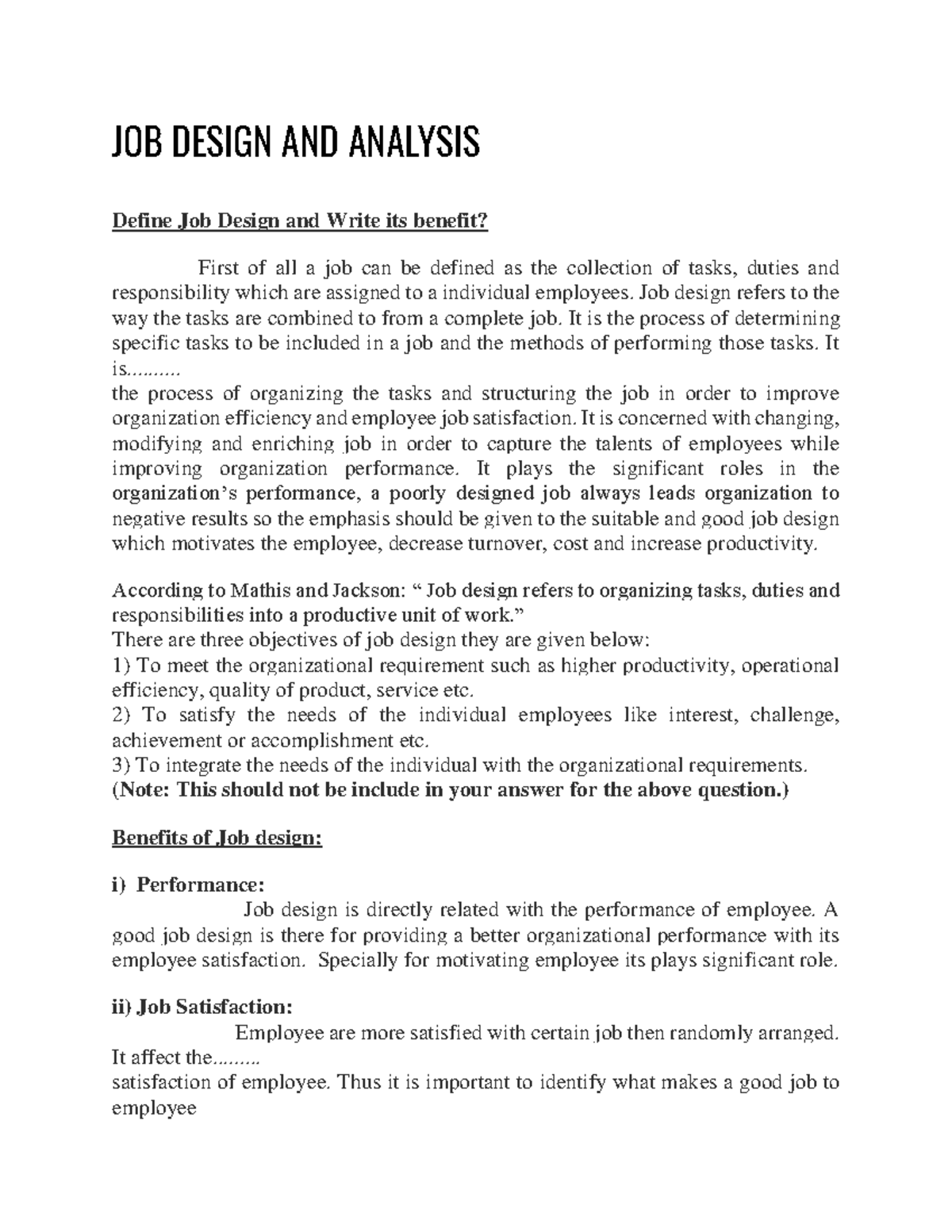 JOB Design AND Analysis - JOB DESIGN AND ANALYSIS Define Job Design and ...