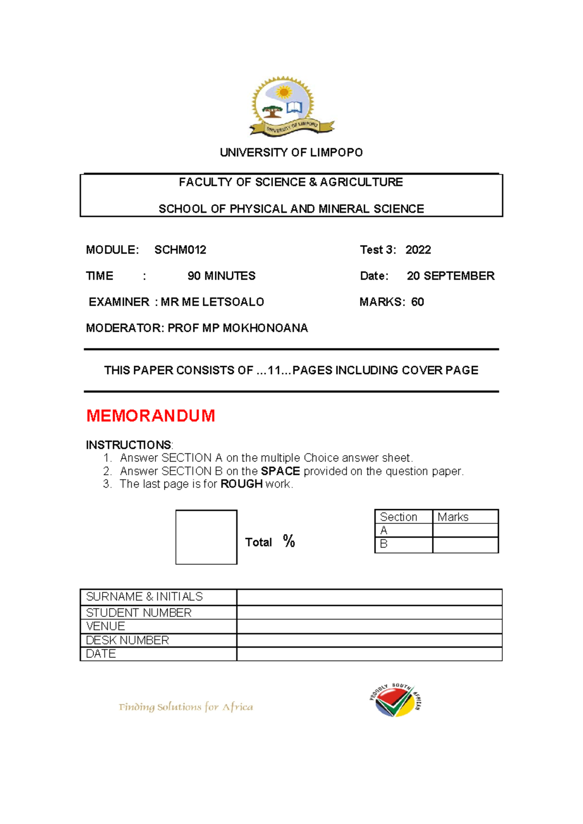 Solutions SCHM012 Test 3 (2022) - UNIVERSITY OF LIMPOPO FACULTY OF ...