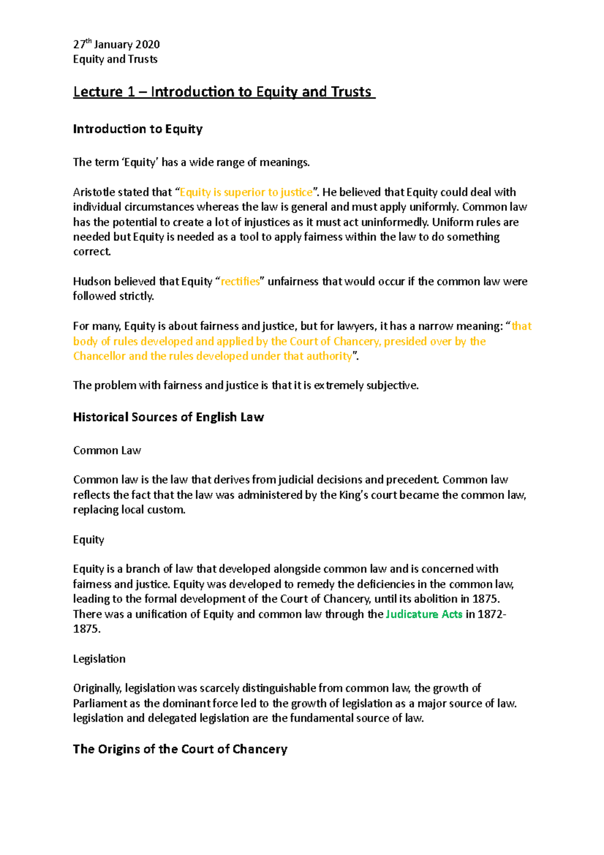 L1 Equity and Trust Intro - Equity and Trusts Lecture 1 – Introduction ...