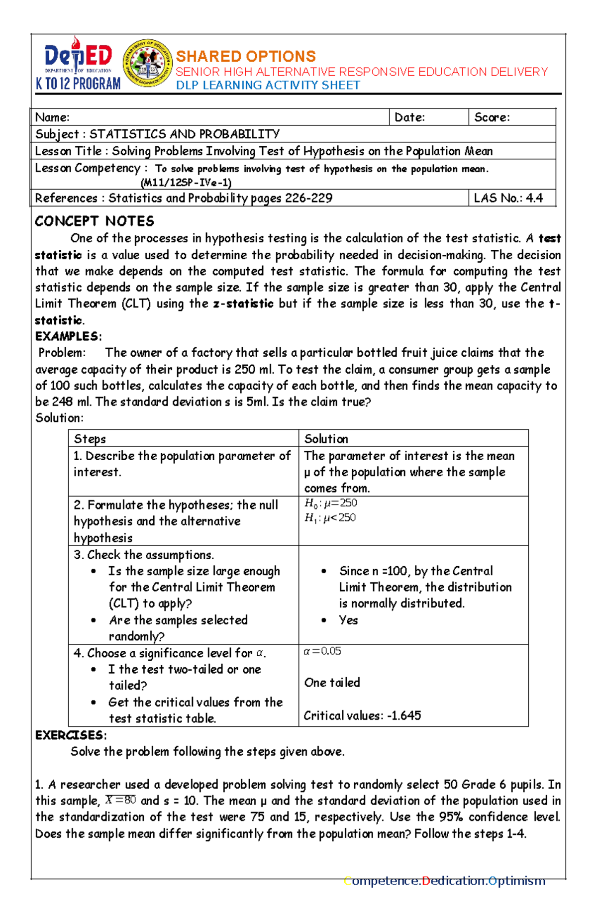 LAS 36 Solving Problems Involving Test of hypothesis on the Population ...
