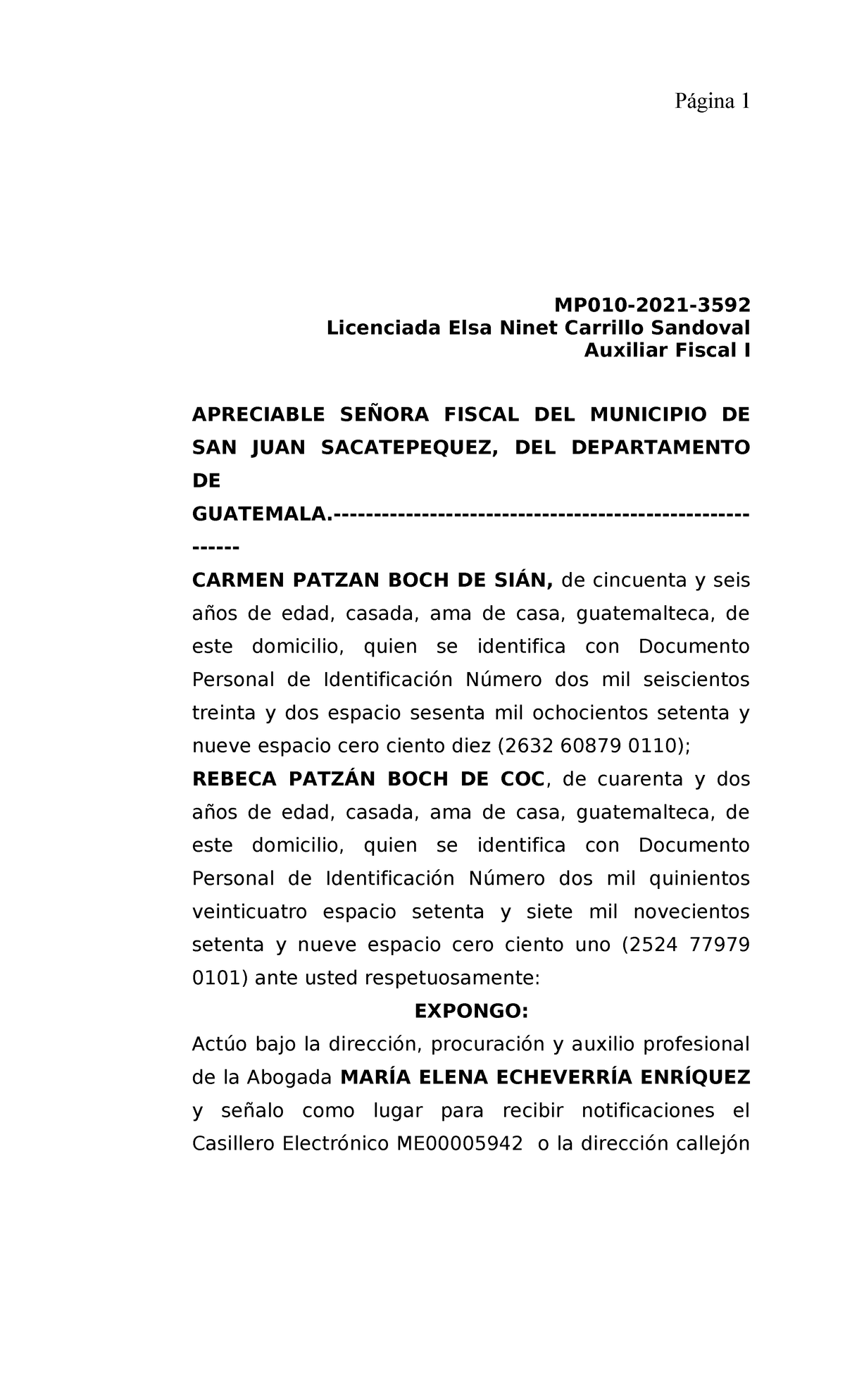 Memorial Solicitando Testigos - MP010-2021- Licenciada Elsa Ninet ...