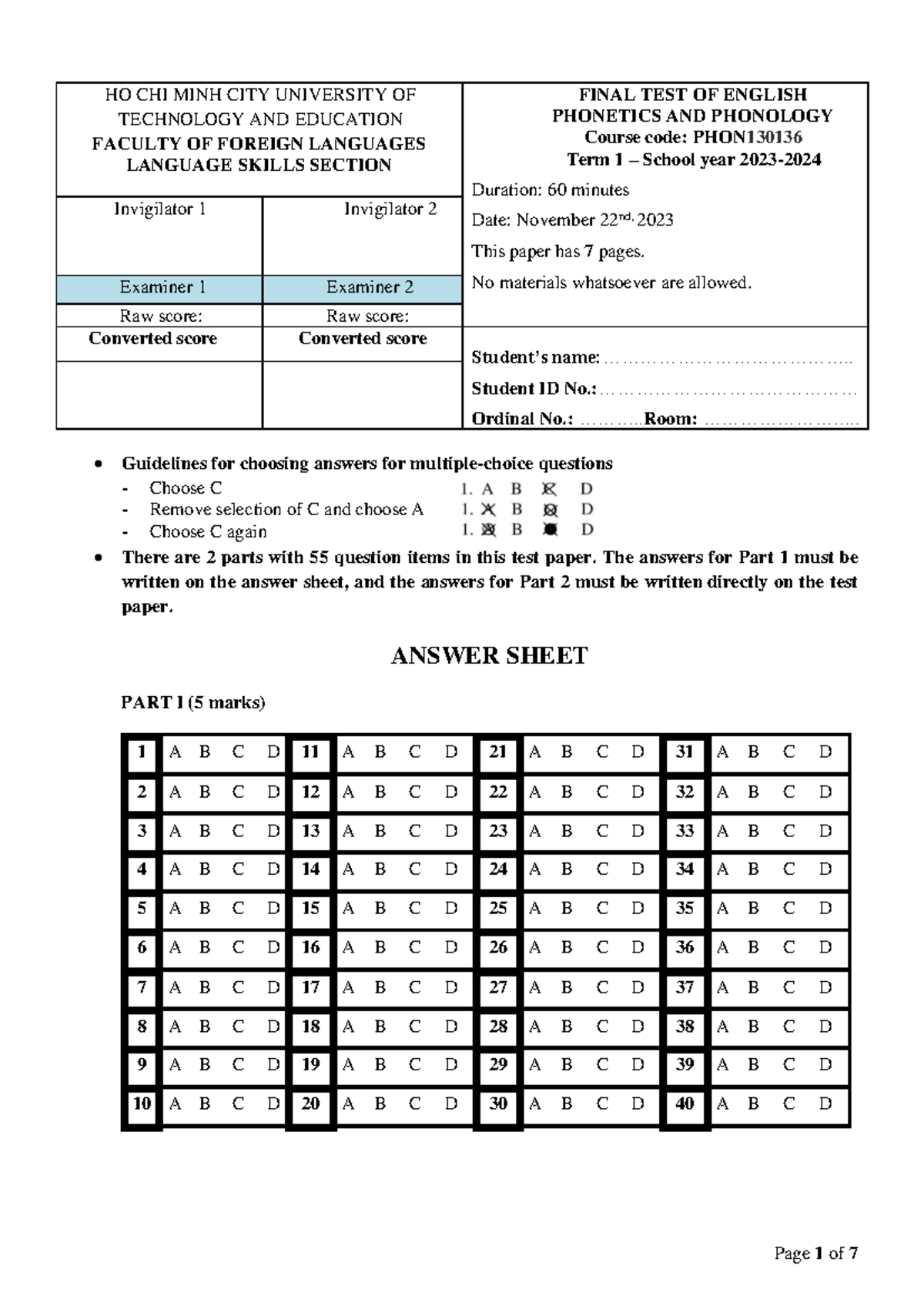 Final test Phono HK1.2023-2024 official - Guidelines for choosing ...