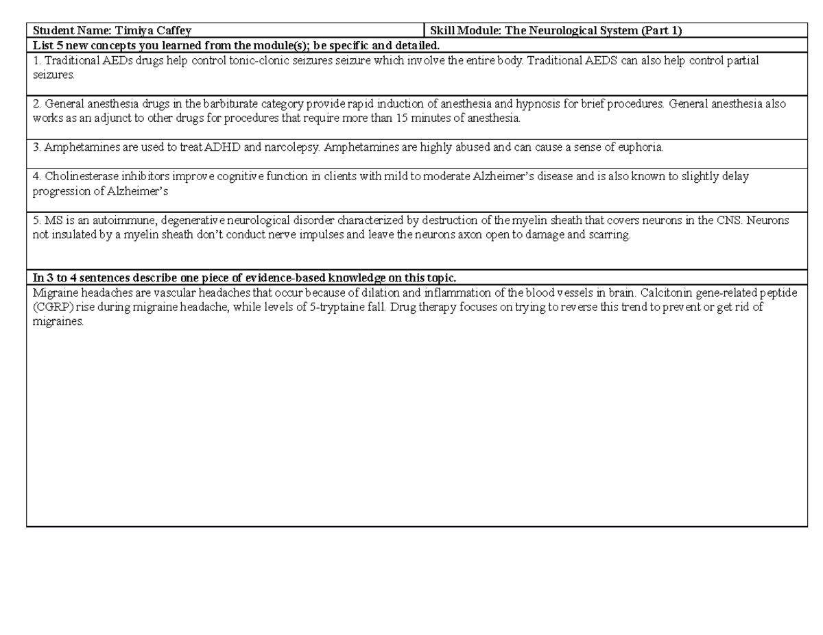 ATI Skill Module Worksheet - The Neurological System (Part 1) - Student Name: Timiya Caffey ...