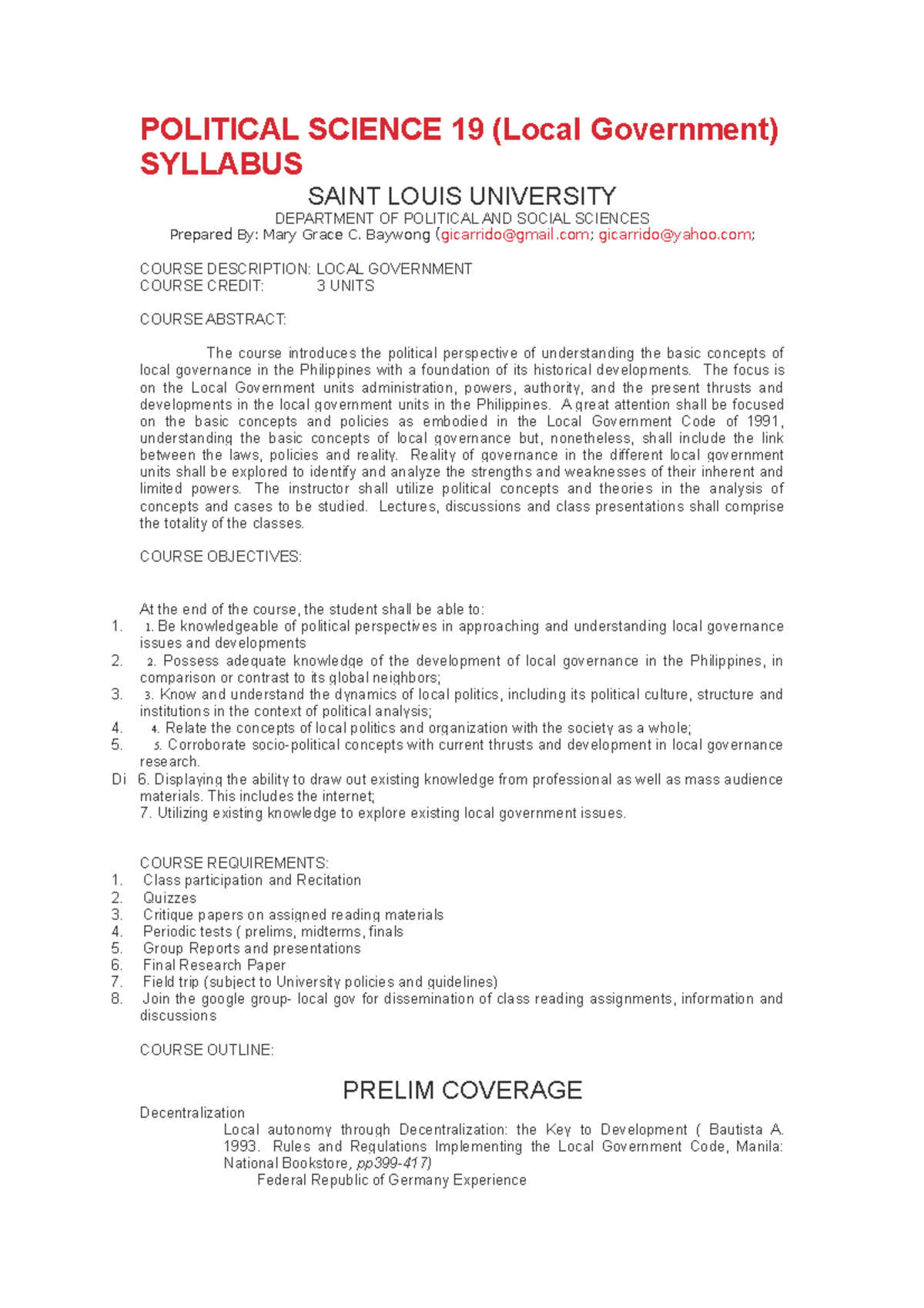 Local Govt Practicum Syllabus - POLITICAL SCIENCE 19 (Local Government ...