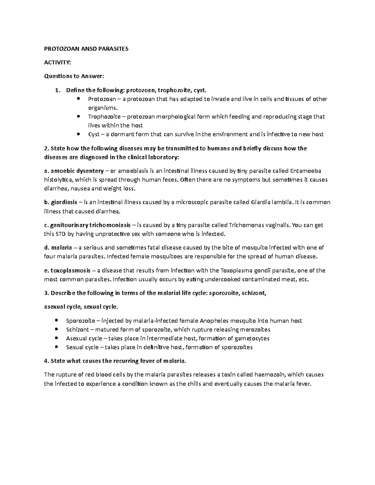 Protozoan AND Parasites - PROTOZOAN ANSD PARASITES ACTIVITY: Questions ...