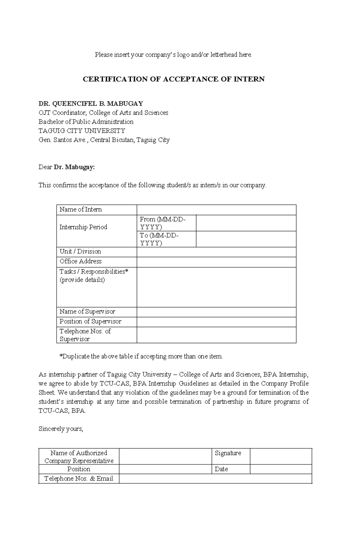 sample of Certificate of acceptance of intern - Please insert your ...