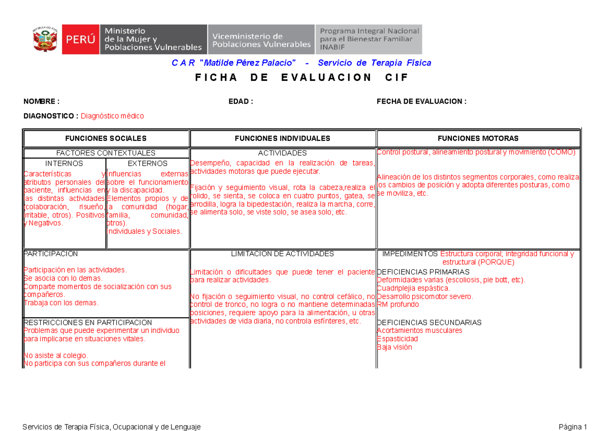 Ficha NDT-CIF modelo - Servicios de Terapia Física, Ocupacional y de Lenguaje Página 1 C A R ...