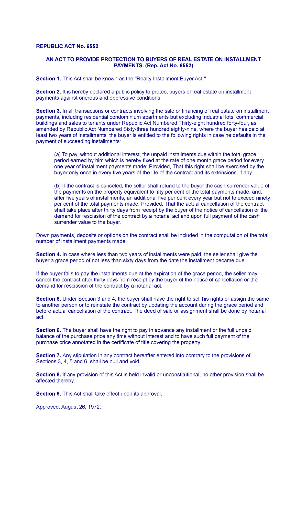 Maceda-LAW - law - REPUBLIC ACT No. 6552 AN ACT TO PROVIDE PROTECTION ...