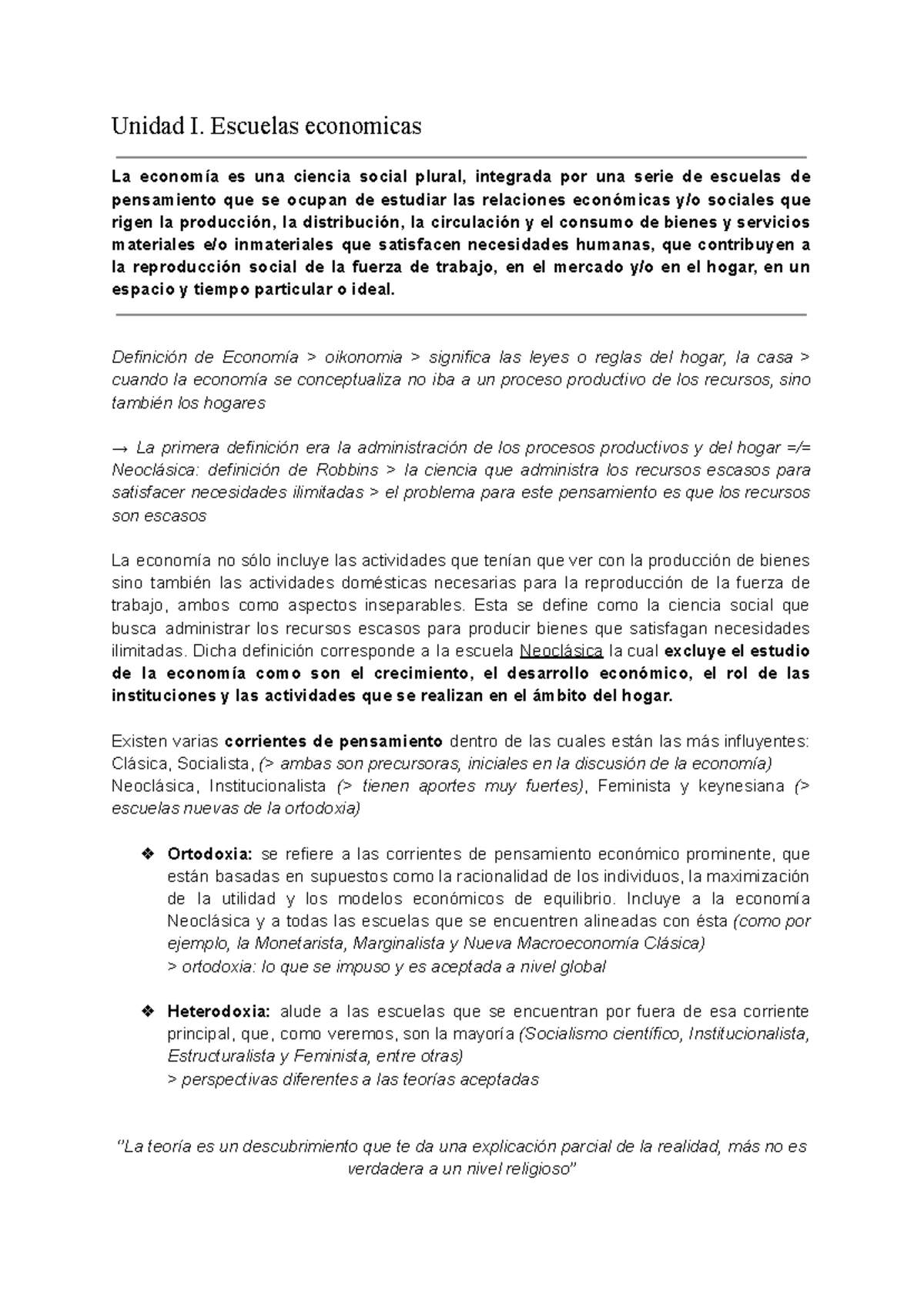Unidad I- Escuelas economicas - Unidad I. Escuelas economicas La ...