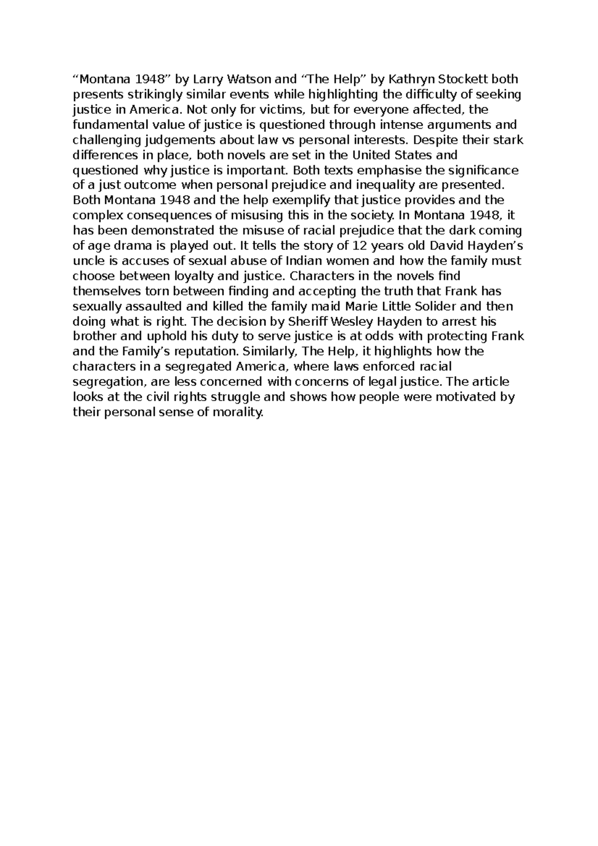 Montana 1948 and the help justice - “Montana 1948” by Larry Watson and ...