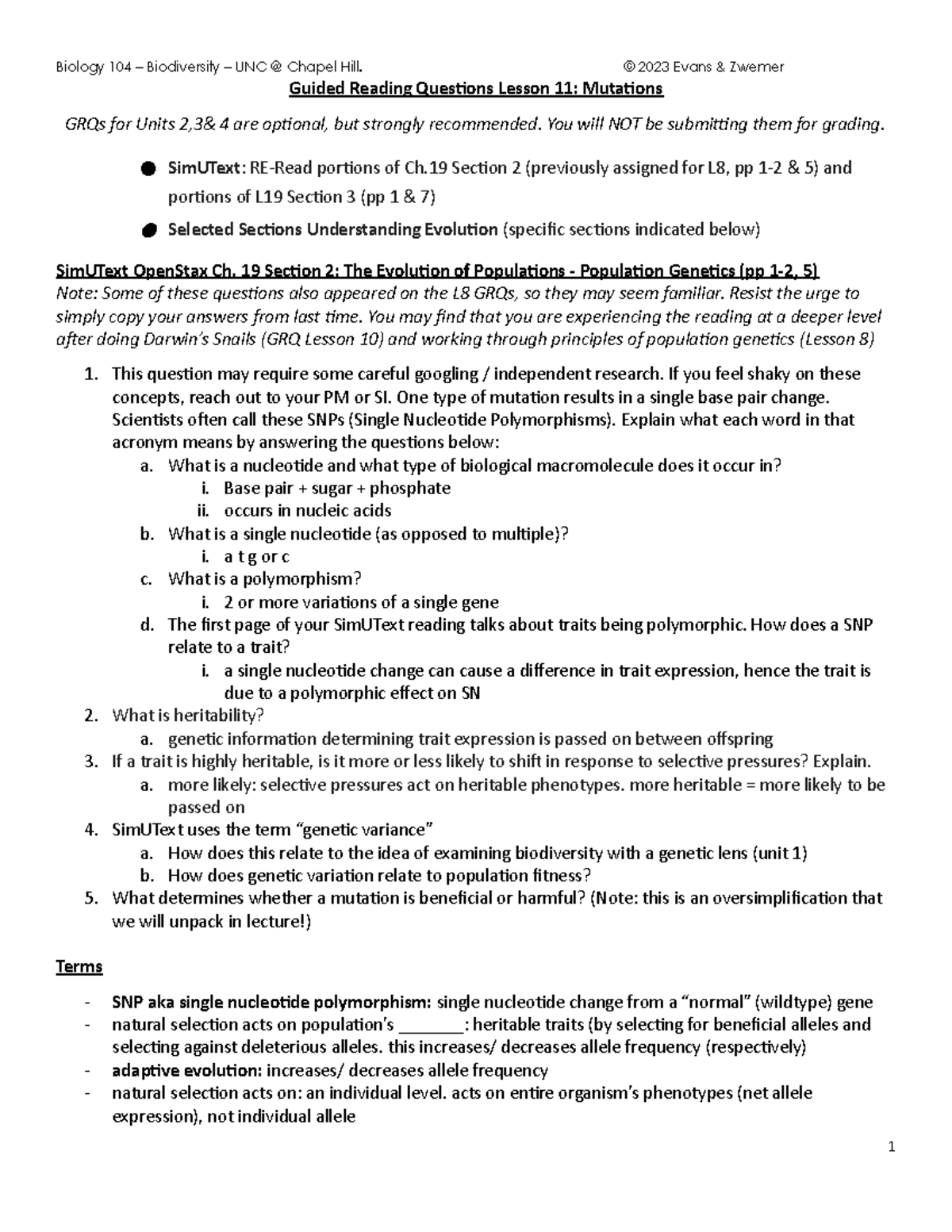 L11 GRQ(Biol104) - GRQ - Guided Reading Questions Lesson 11: Mutations ...