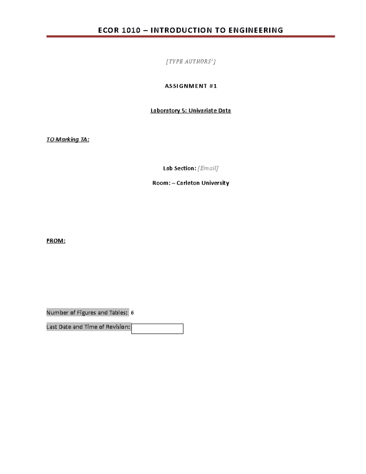Introduction to Engineering Lab Number 5 : Univariate Data - ECOR 1010 – INTRODUCTION TO ...