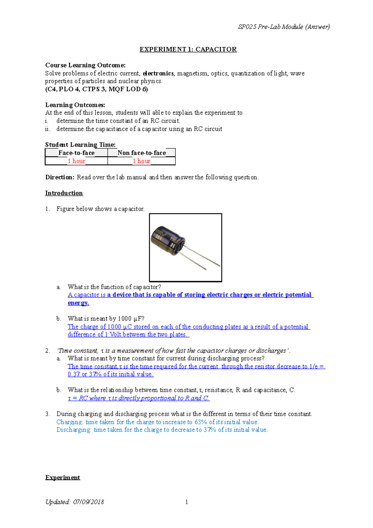 Prelab physics 2021 - EXPERIMENT 1: CAPACITOR Course Learning Outcome: Solve problems of ...