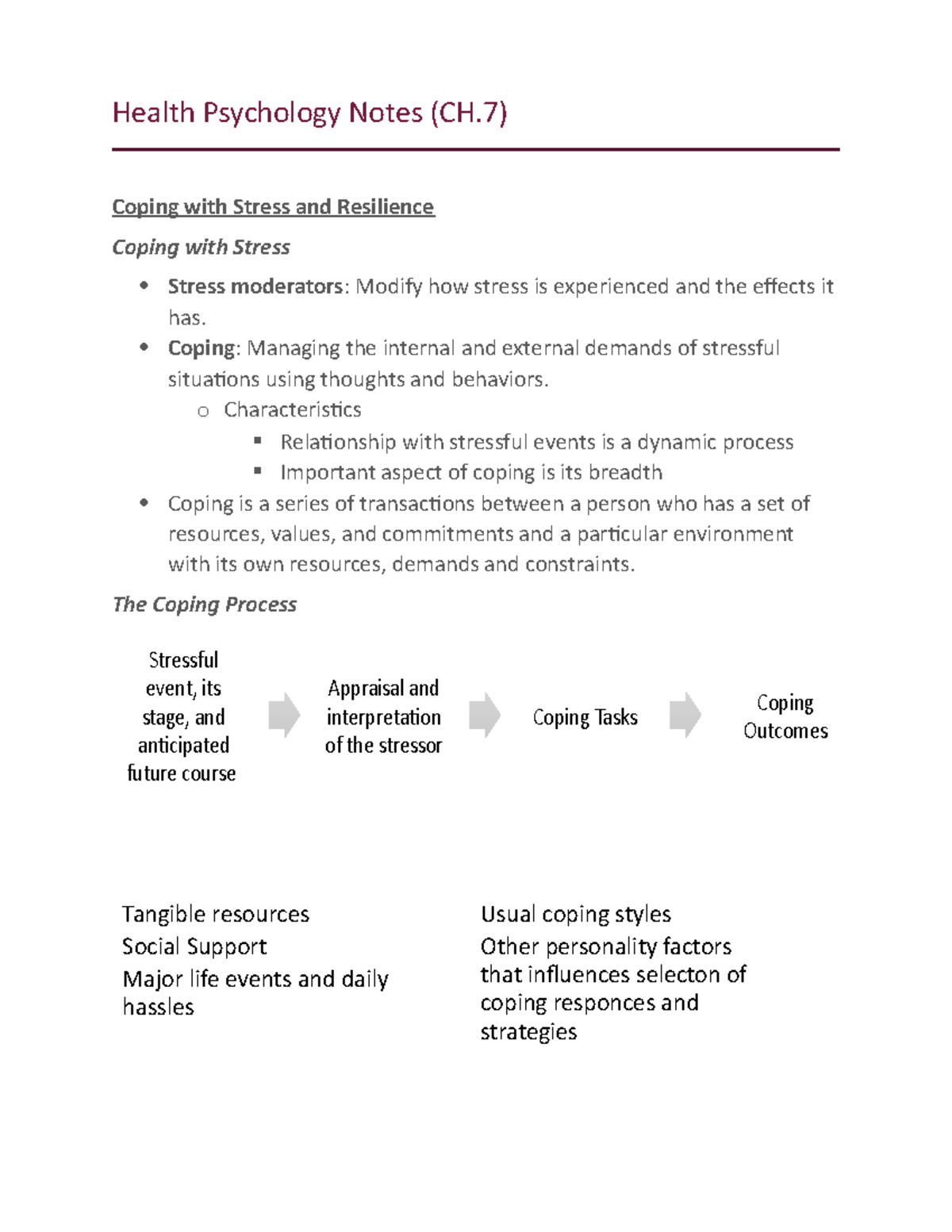 CH.7 Notes - Lecture note Week 2 - Health Psychology Notes (CH) Coping ...