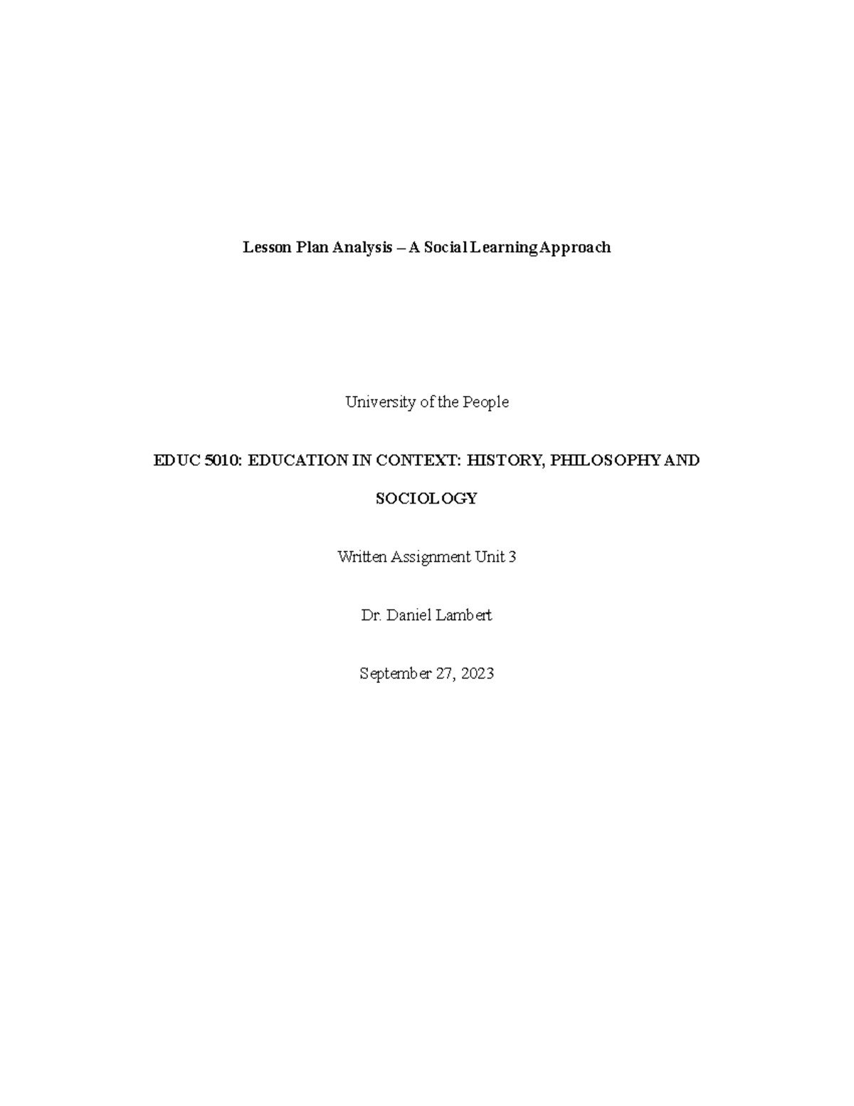 Lesson Plan Analysis A Social Learning Approach - Lesson Plan Analysis ...
