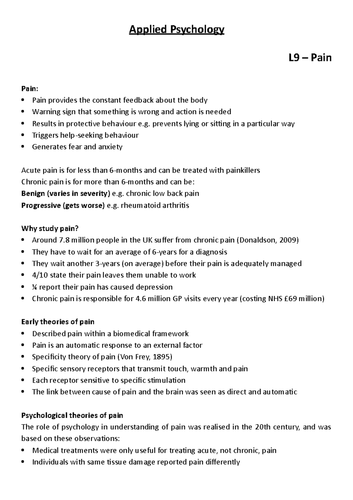 N9 – Pain - Lecture notes 9 - Applied Psychology L9 – Pain Pain: Pain ...