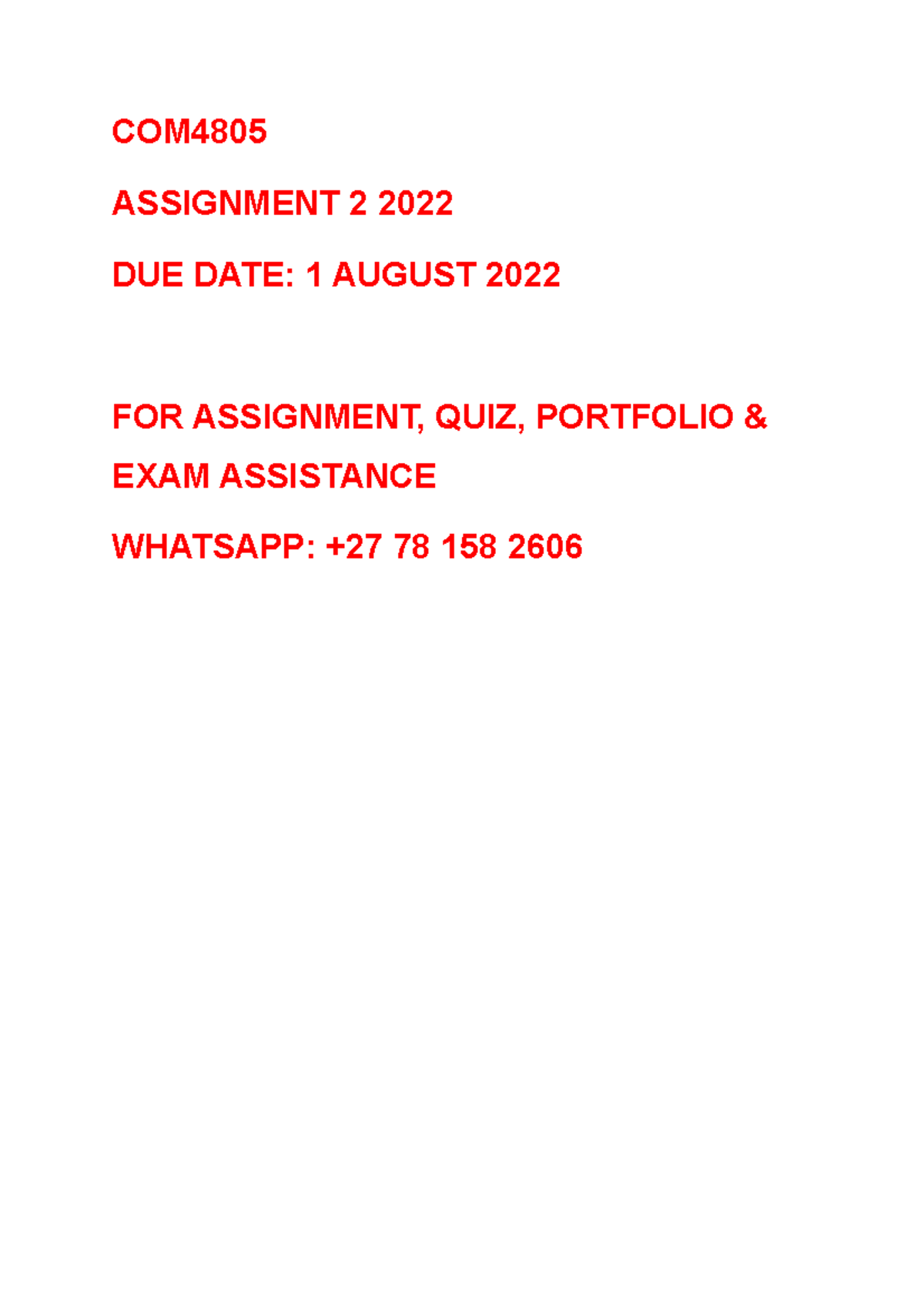 COM4805 Assignment 2 2022 - COM ASSIGNMENT 2 2022 DUE DATE: 1 AUGUST ...