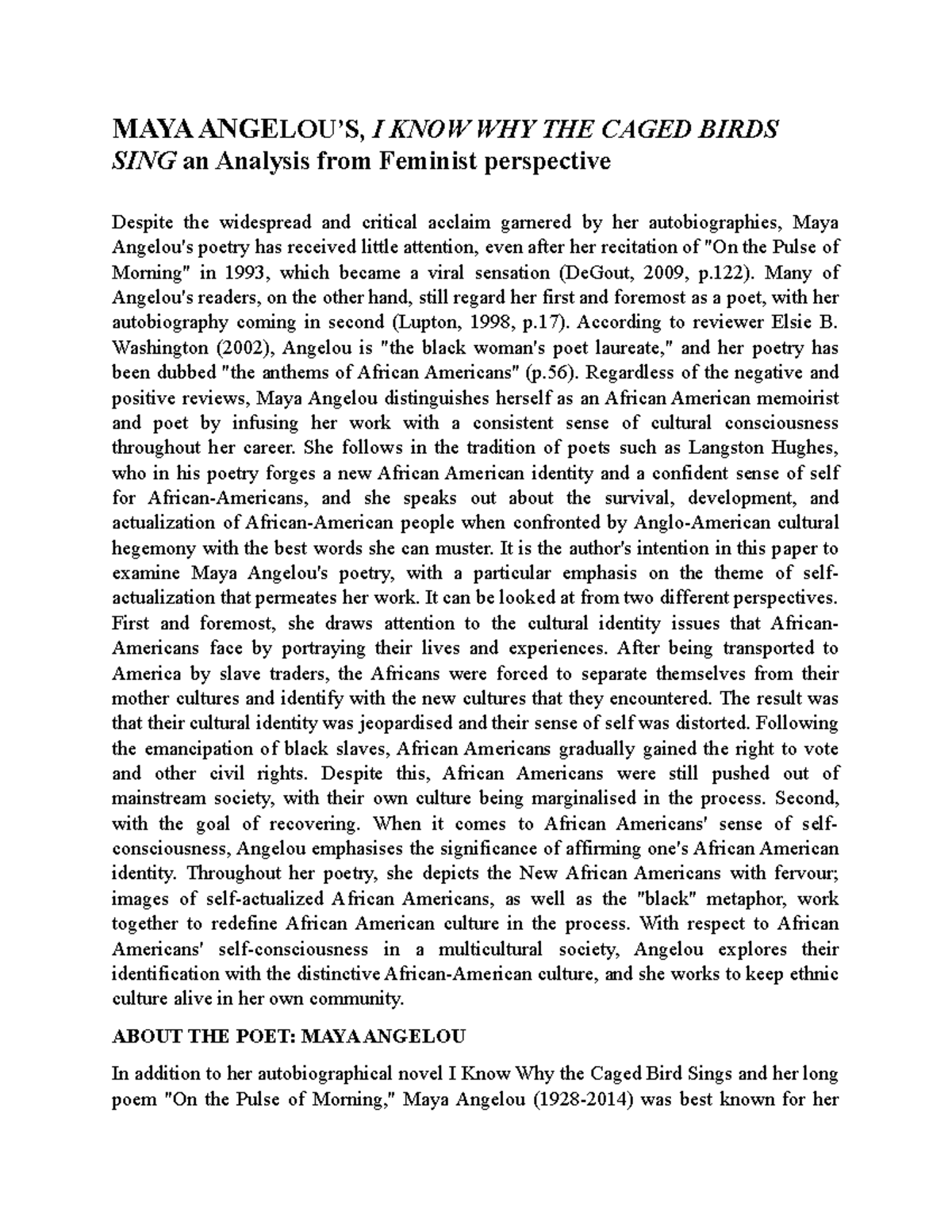 MAYA Angelou's I Know Why The Caged Bird Sing, an analysis from ...
