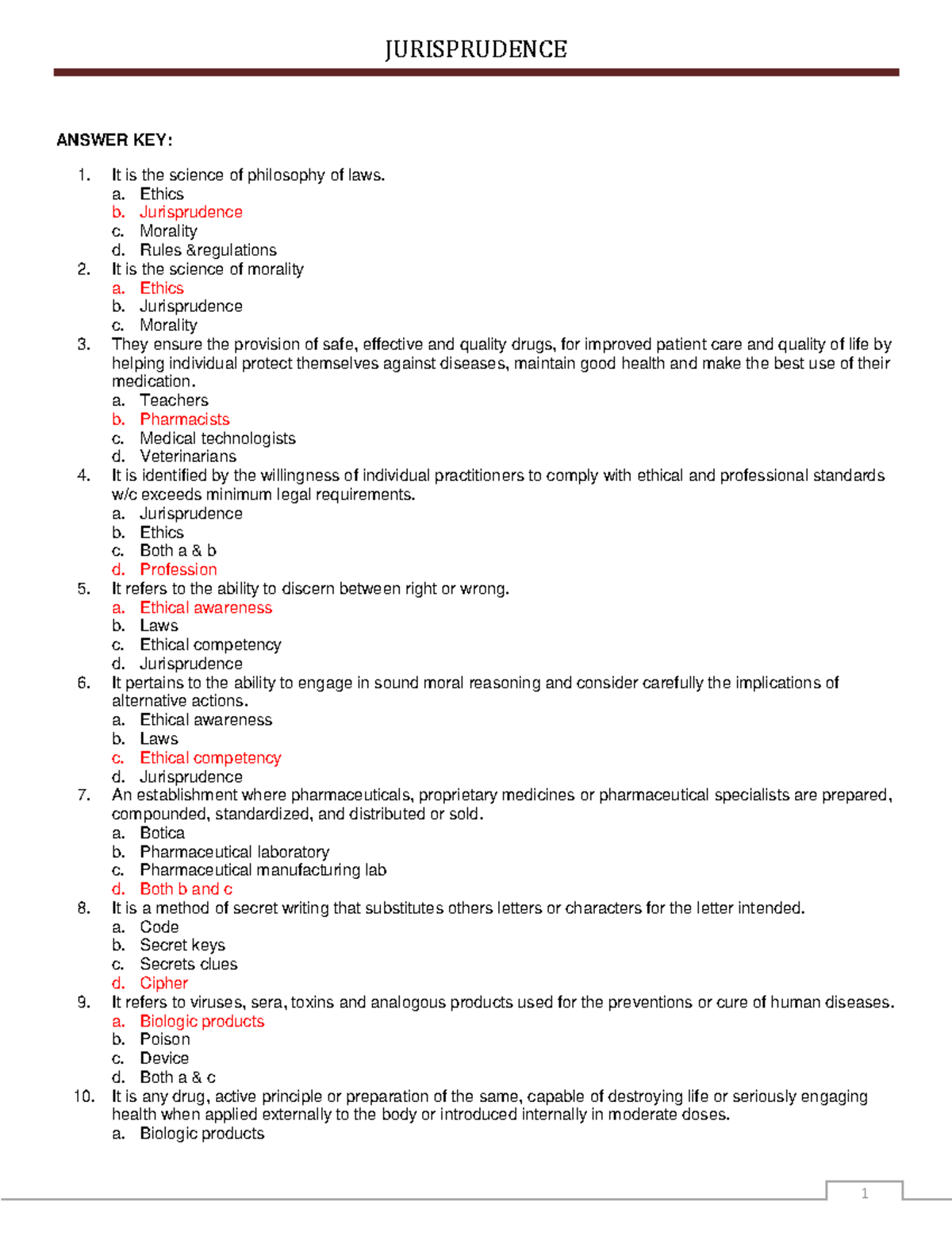 Pharmaceutical Jurisprudence Ethics Answer Key-BLUE Pacop-1 - ANSWER ...
