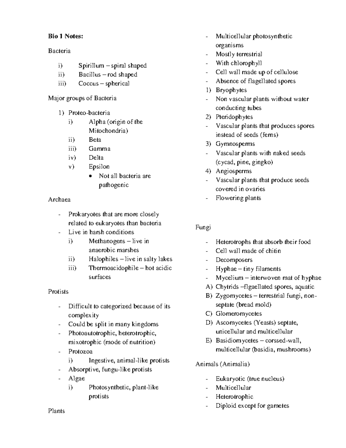 BIO 1 Complete Notes - Bio 1 Notes: Bacteria i) Spirillum – spiral ...