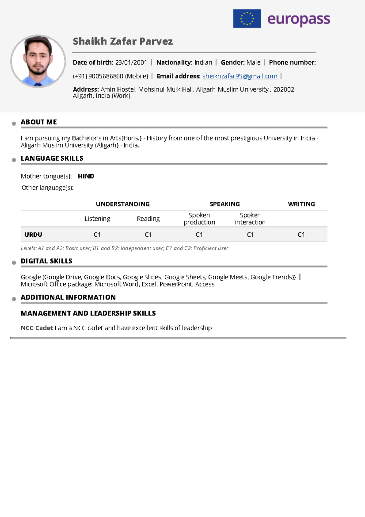 Zafar 2 - Shaikh Zafar Parvez Date of birth: 23/01/2001 Nationality ...