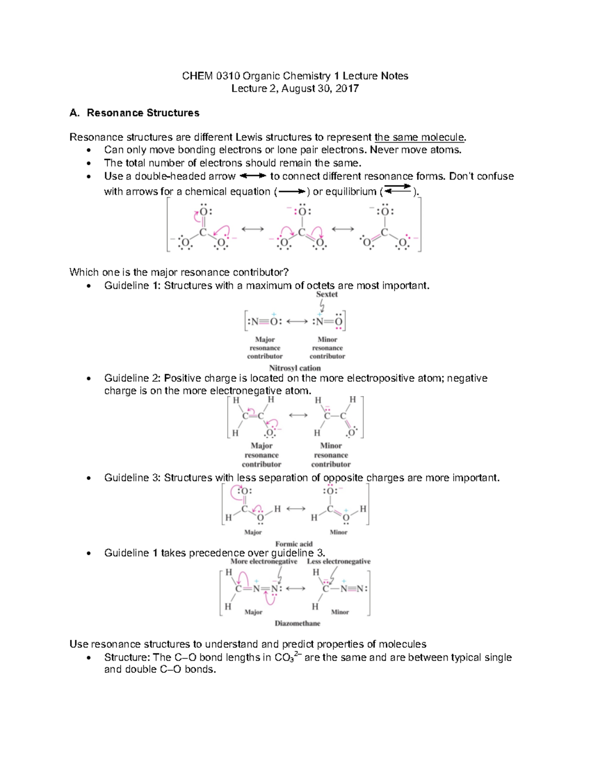 Organic Chemistry Lecture Notes: Resonance Structures and Molecular ...