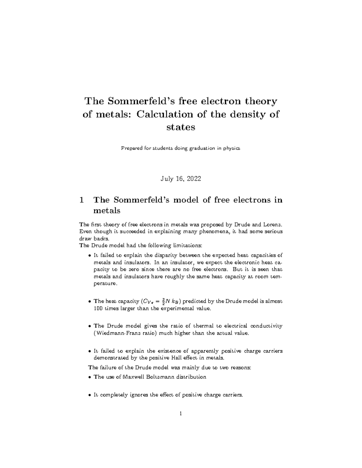 Free electron theory metals density of states - The Sommerfeld’s free ...