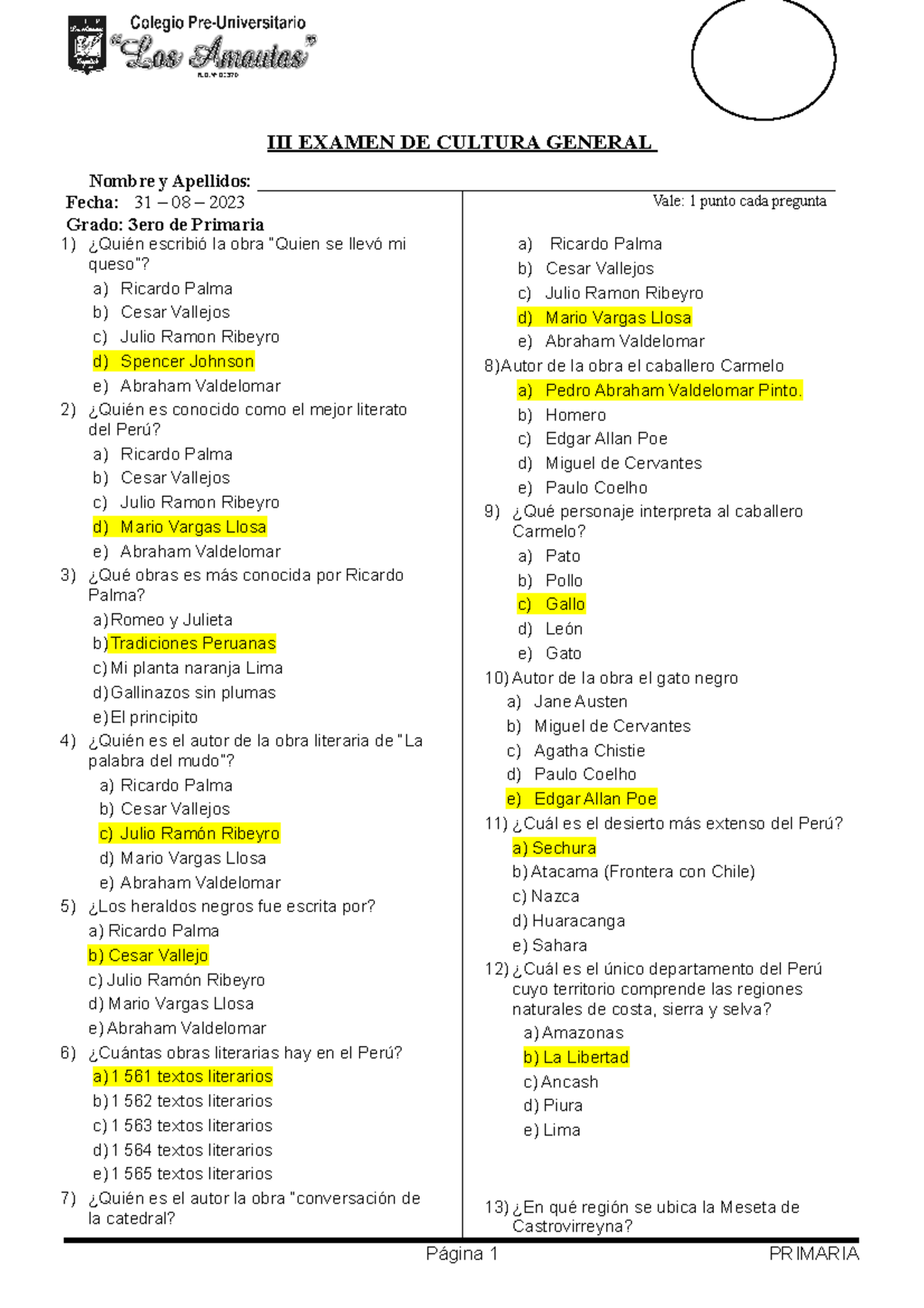Examen DE Cultura General III ( 3ero de Primaria ) respuestas - III ...