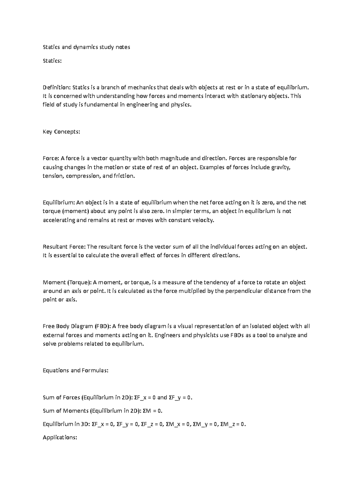 Statics and dynamics study notes - Statics and dynamics study notes ...