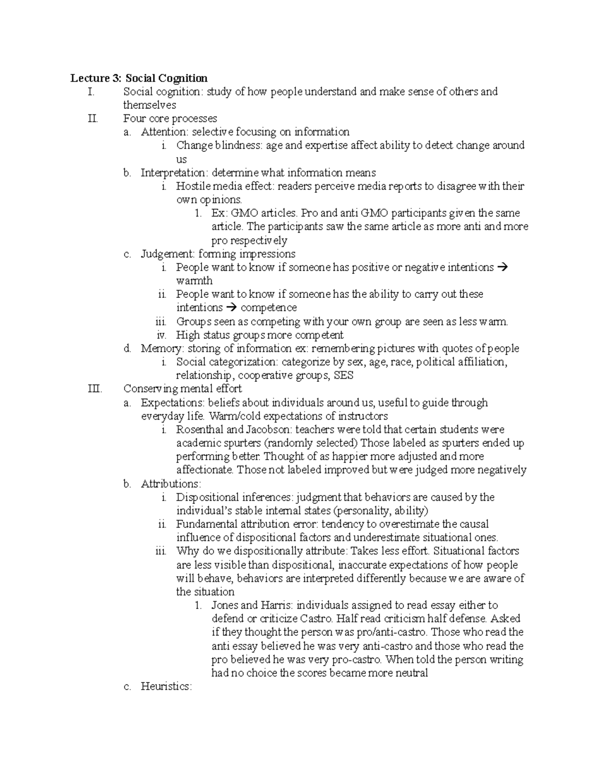 Lecture 3 - Lecture 3: Social Cognition I. Social cognition: study of ...