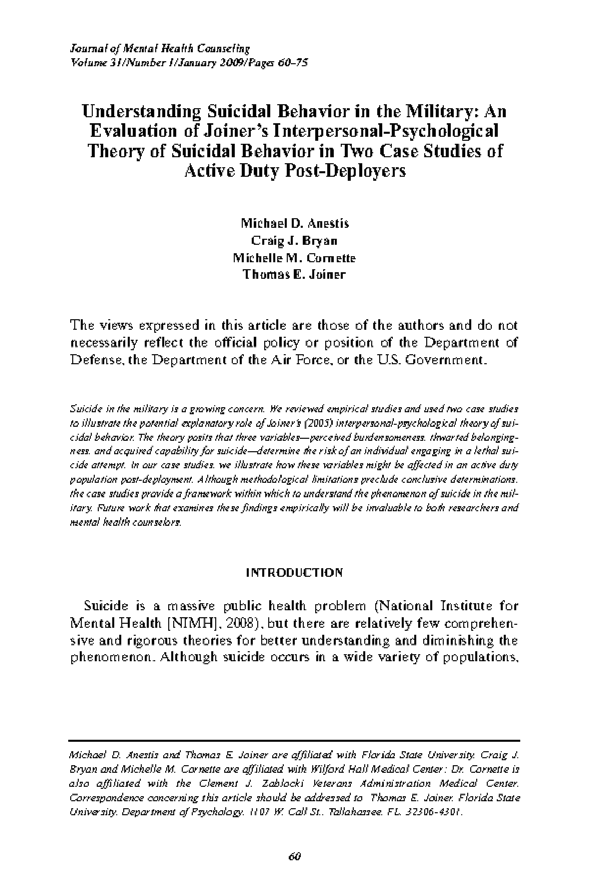 Suicide and the Military - Understanding Suicidal Behavior in the ...