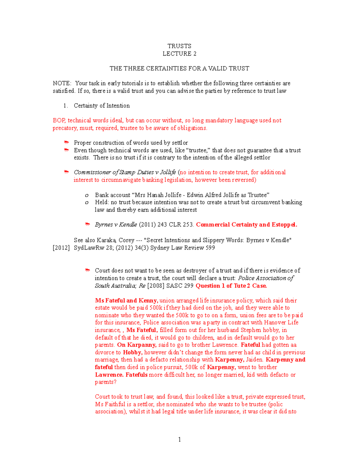 Lecture 2 - 3 Certainties Valid trust - TRUSTS LECTURE 2 THE THREE CERTAINTIES FOR A VALID TRUST ...