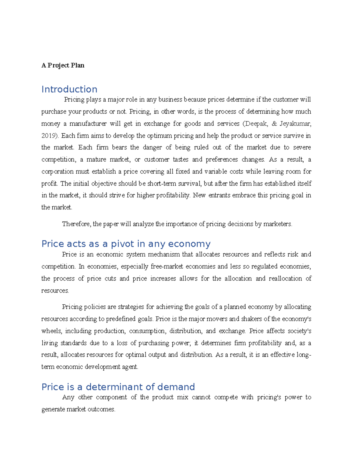 Pricing Document - A Project Plan Introduction Pricing plays a major role in any business ...