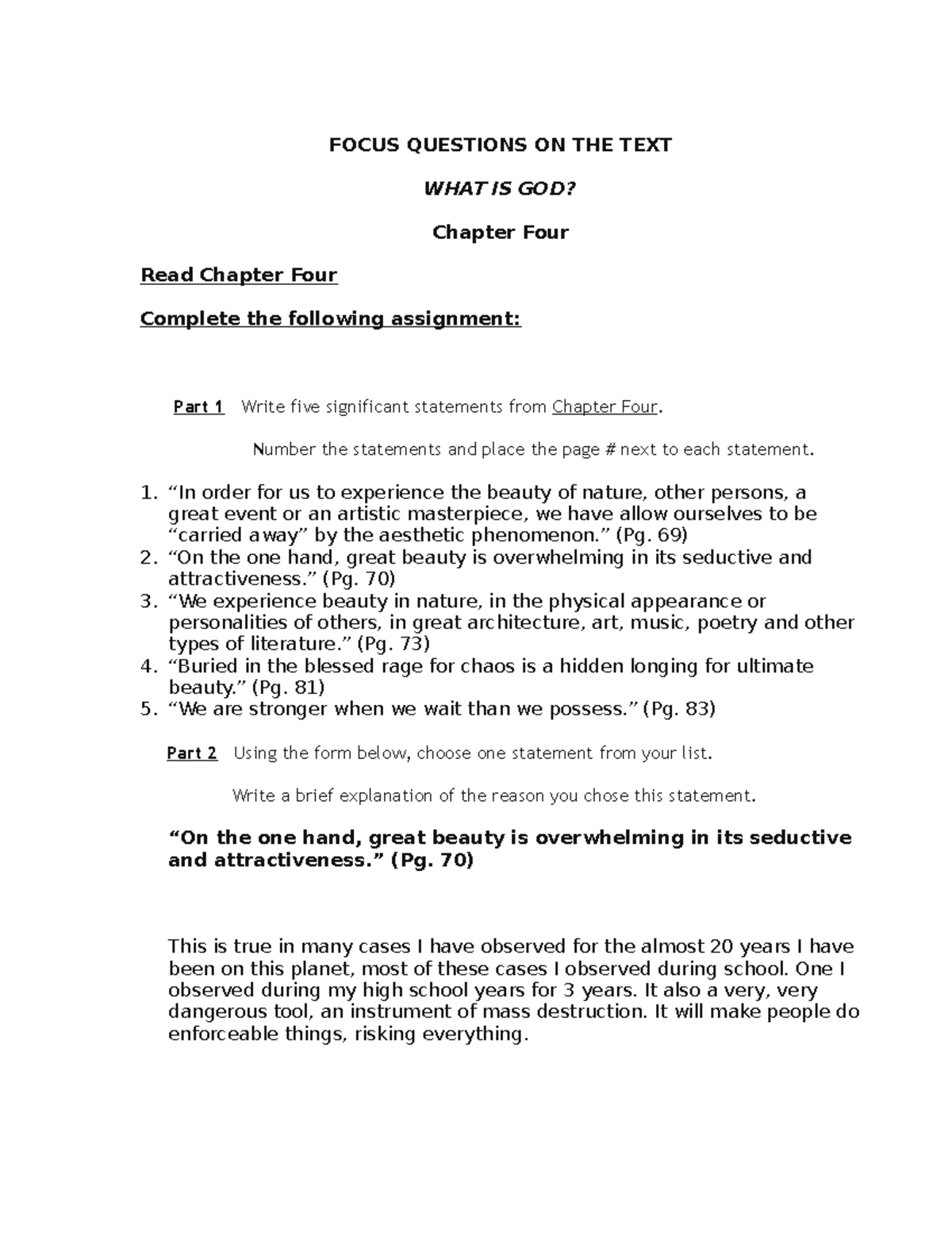 Chapter 4 - Homework - FOCUS QUESTIONS ON THE TEXT WHAT IS GOD? Chapter ...