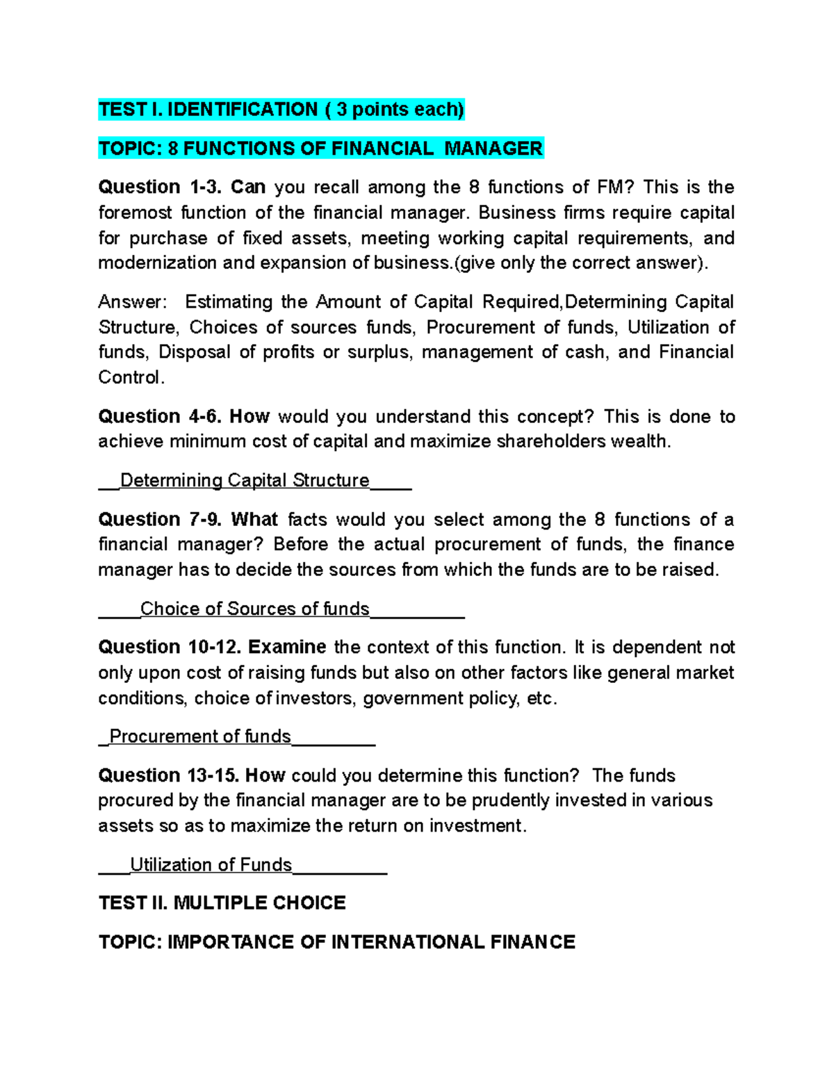 Functions of International and Financial Management - TEST I ...