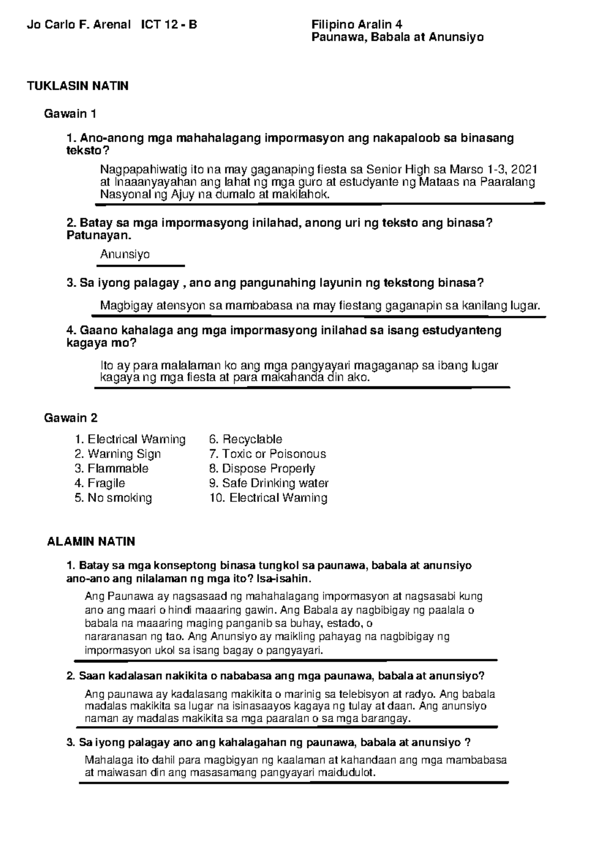 Filipino Aralin 4 Paunawa, Babala at Anunsiyo - Jo Carlo F. Arenal ICT ...