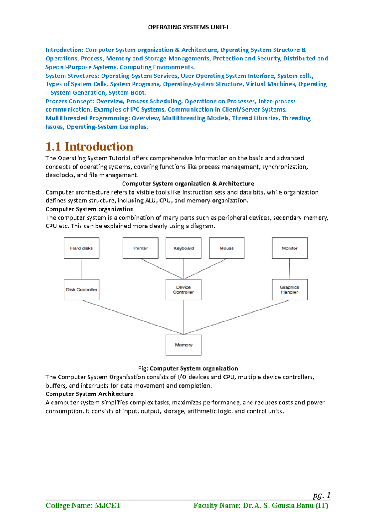 Operating Systems UNIT 1 OU - Introduction: Computer System organization & Architecture, - Studocu