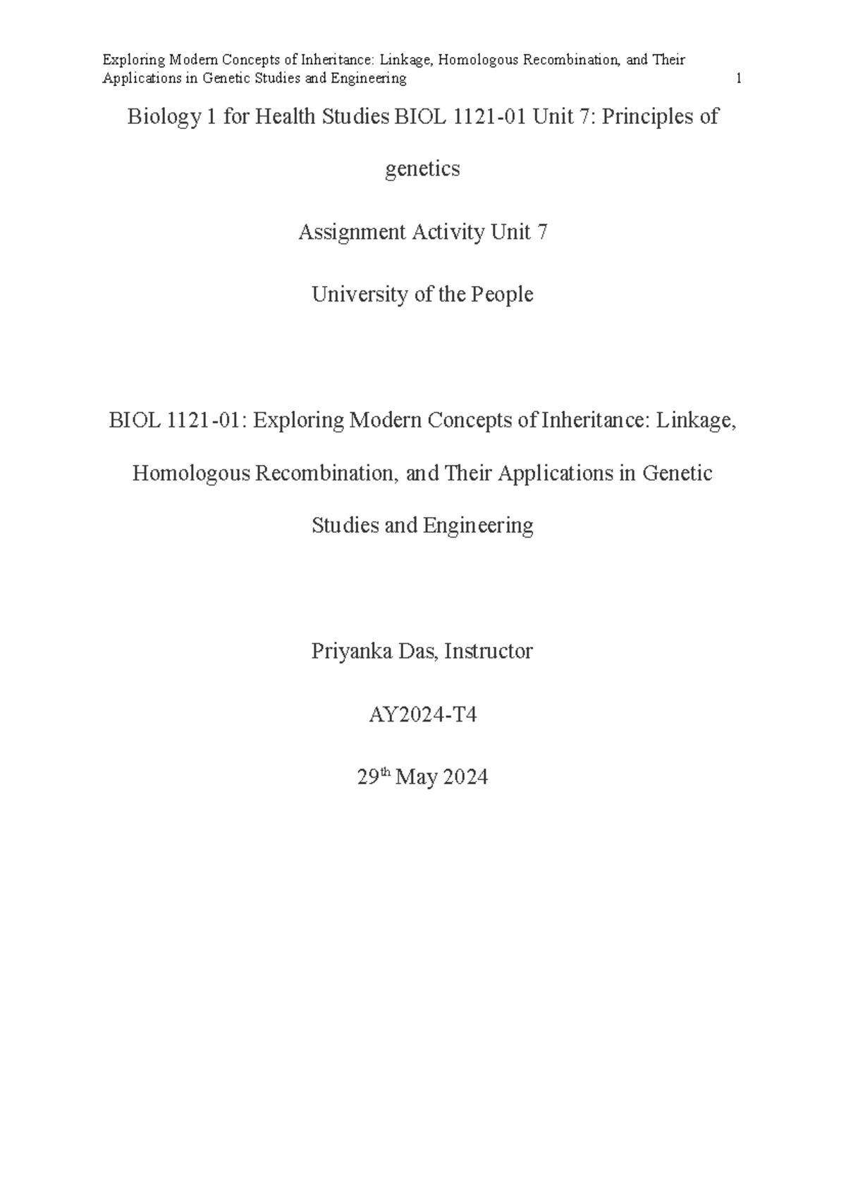 Biology 1 for Health Studies BIOL 1121-01 Written Assignment unit 7 - Applications in Genetic ...